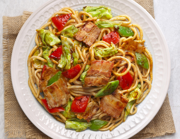 Sauteed Thick Rice Noodle with Pork Belly Green and Red Bell Pepper ...